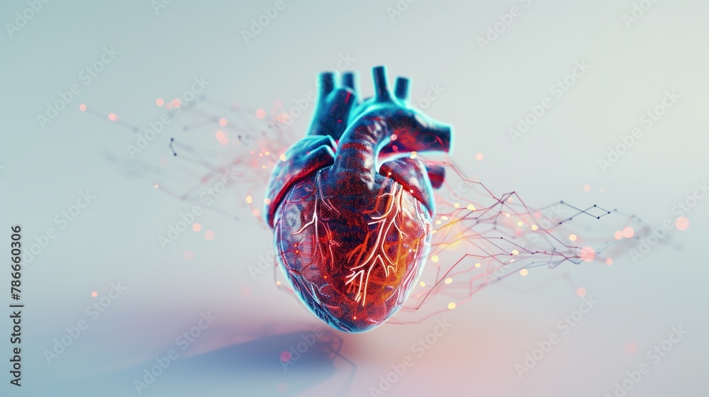 Digital 3D illustration of a human heart with blue digital red and blue ...