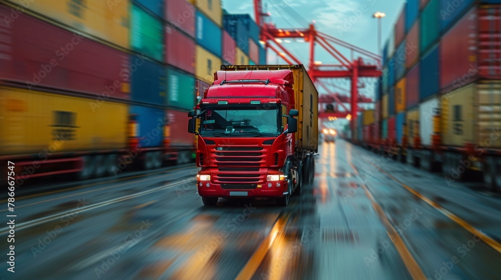 Motion blur of a red semi truck transporting cargo containers in a ...