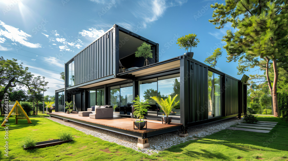 Modern shipping container house home in sunny day. Shipping container ...