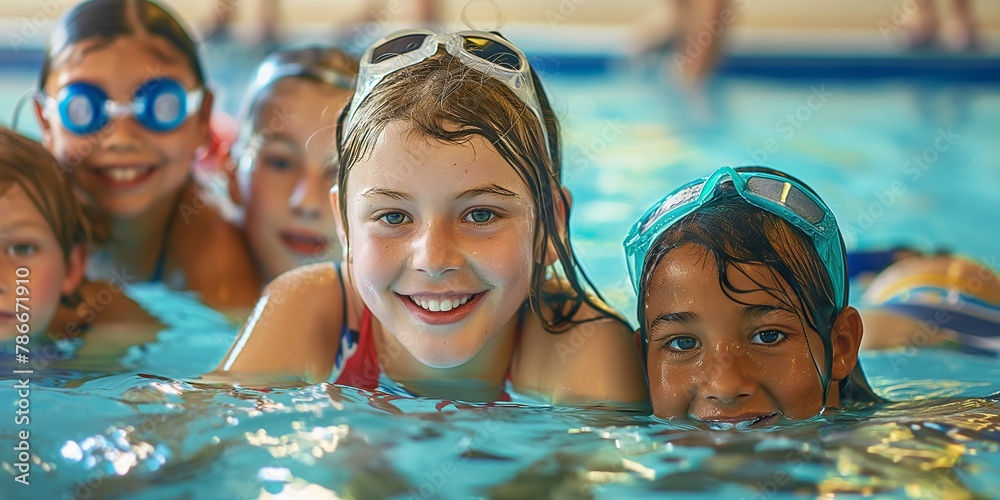 Group of happy kids learning swimming in indoor summer pool. Happy ...