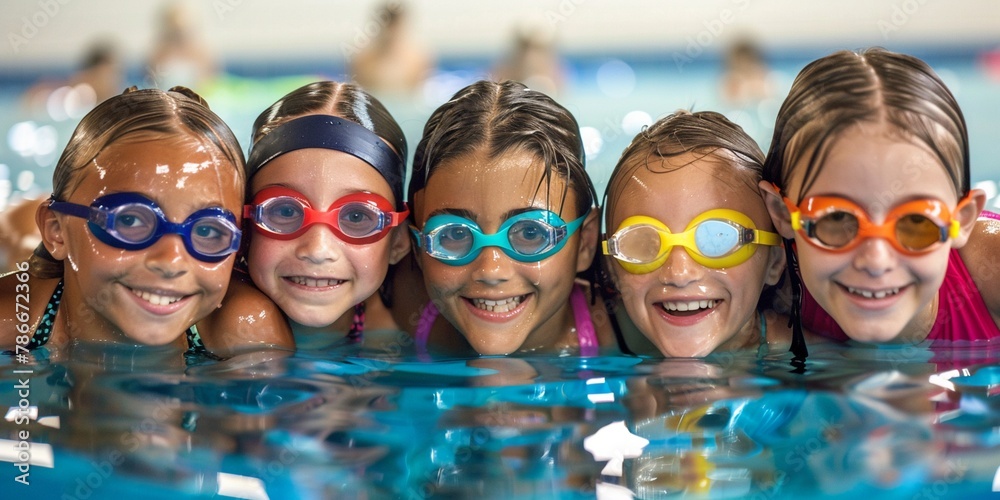 Group of happy kids learning swimming in indoor summer pool. Happy ...