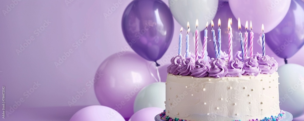 Lilac birthday party backgrounds, birthday cake with lighted candles ...