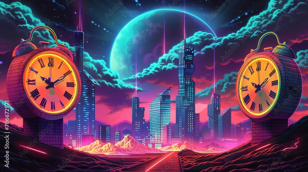 Craft a surreal dreamscape where towering, distorted clocks loom over a ...