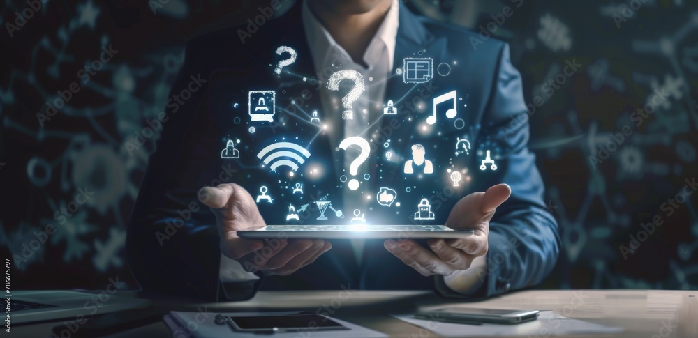 Interactive Digital Question Mark and Holographic Icons on Futuristic ...