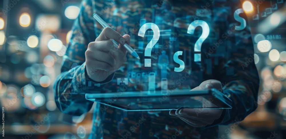 Interactive Digital Question Mark and Holographic Icons on Futuristic ...