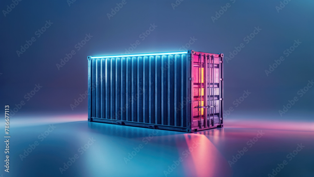 Illuminated shipping container showcasing a blend of industrial ...