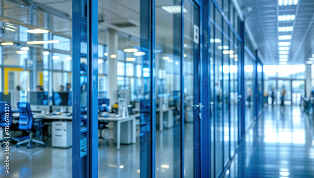 Modern, well lit office blue glass doors, spacious workstations with ...