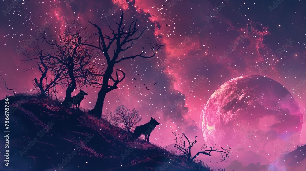 An illustration of a fantasy landscape featuring a howling wolf and ...