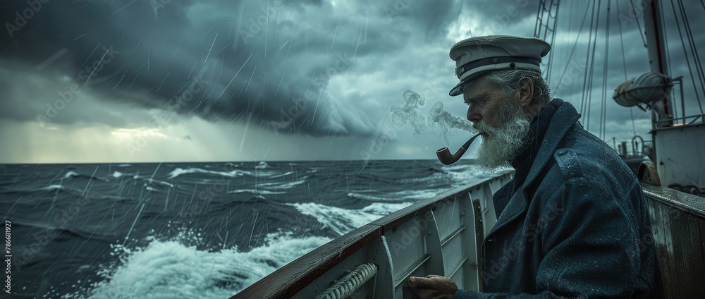 A rugged sailor with a pipe facing a stormy sea. The turbulent weather ...