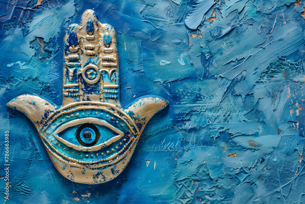 Hamsa amulet on a blue background stone. Jewish symbol of positive ...