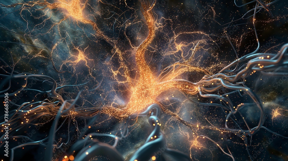 Artistic illustration of a neural network with vibrant synapses and neurons, symbolizing complex ...