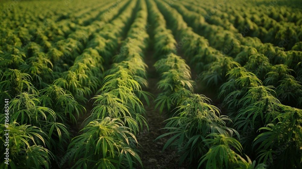 A dense canopy of cannabis plants showcases the healthy vegetation in a ...