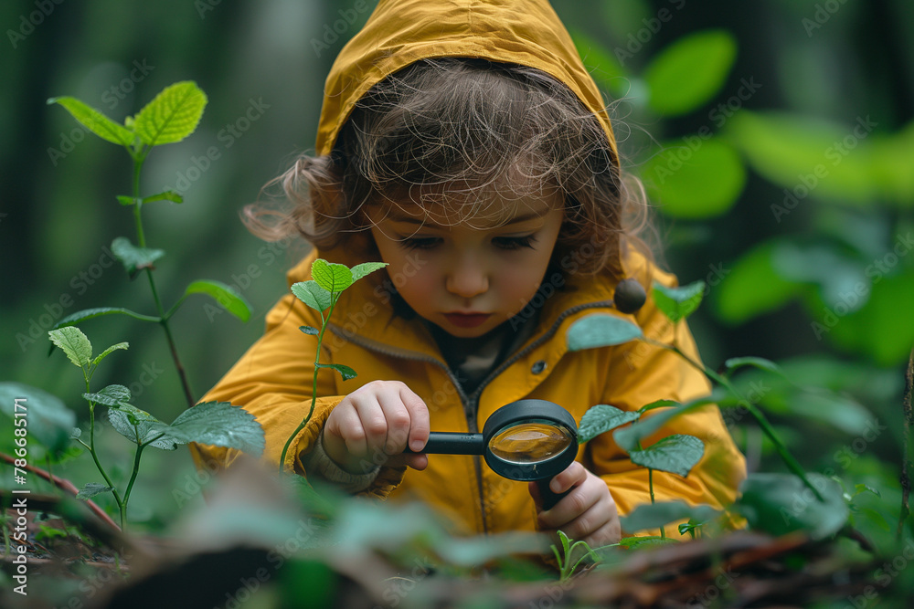 Curious child exploring nature with magnifying glass. Stock ...