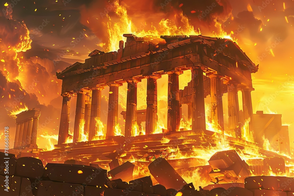 ancient greek temple ruins engulfed in mystical flames historical ...