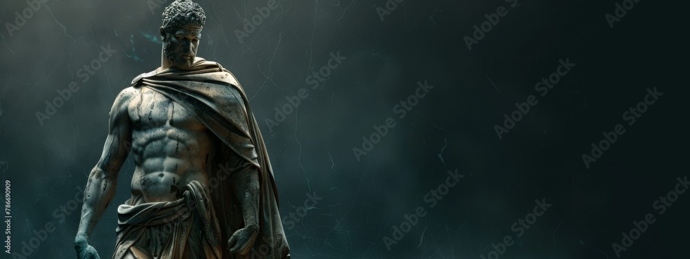 strong stoic greek or roman male statue with a semidark background ...