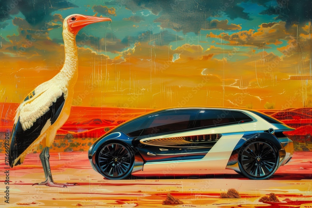 old photo oil painting of big bird standing next to a futuristic ...