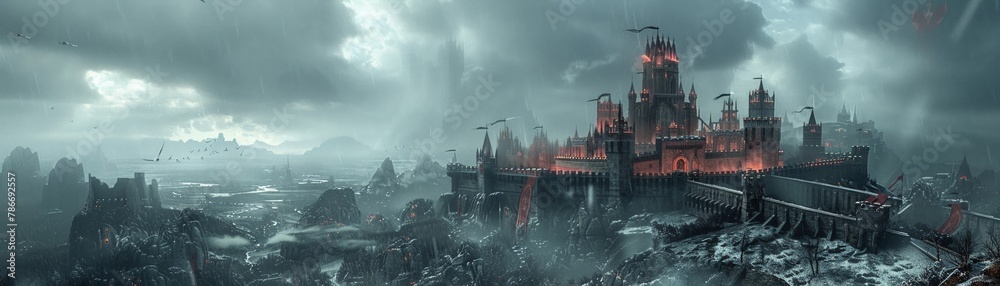 Old-school fantasy castle, banners, knights, soaring towers, dragon ...