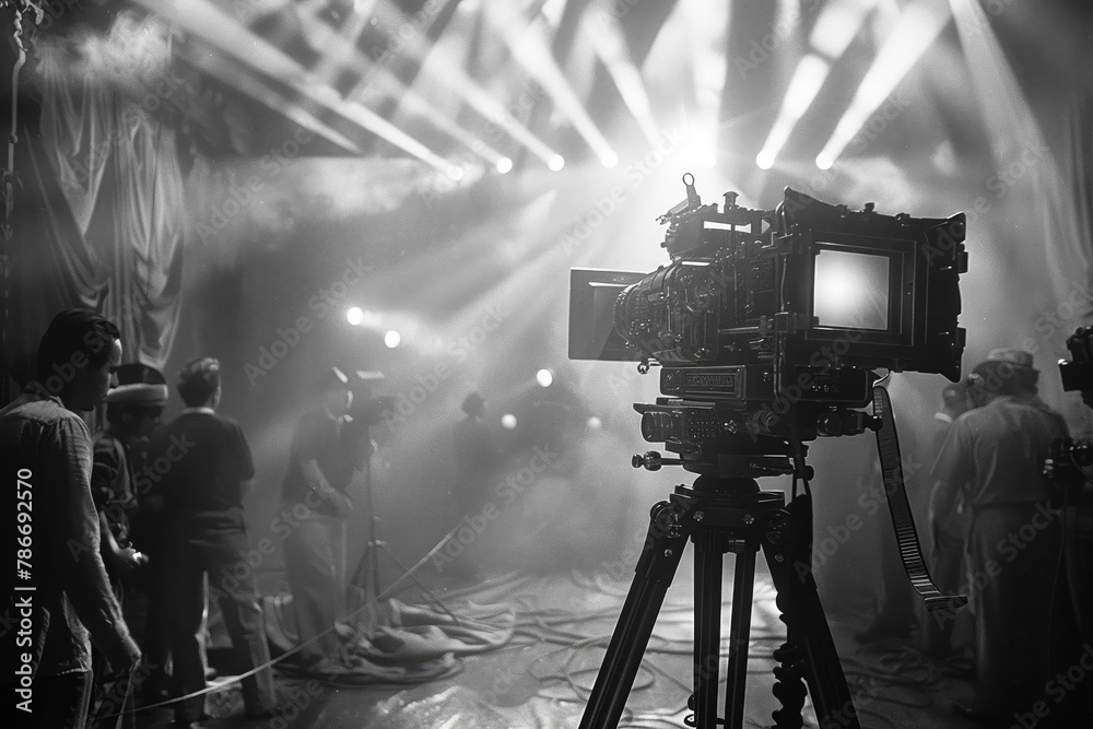 Old movie set, black and white film, glamorous stars, vintage cameras ...