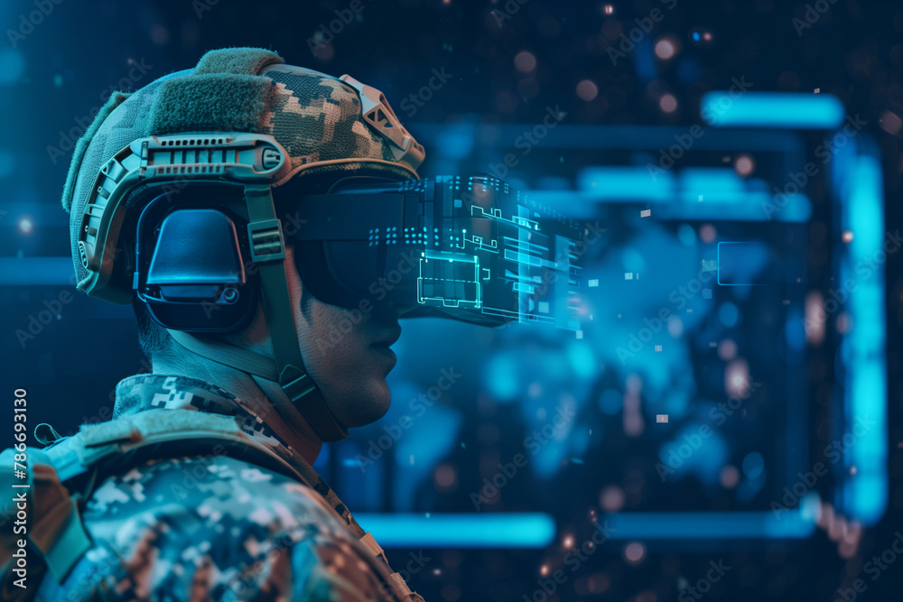 soldier equipped with virtual reality glasses, immersed in a virtual ...