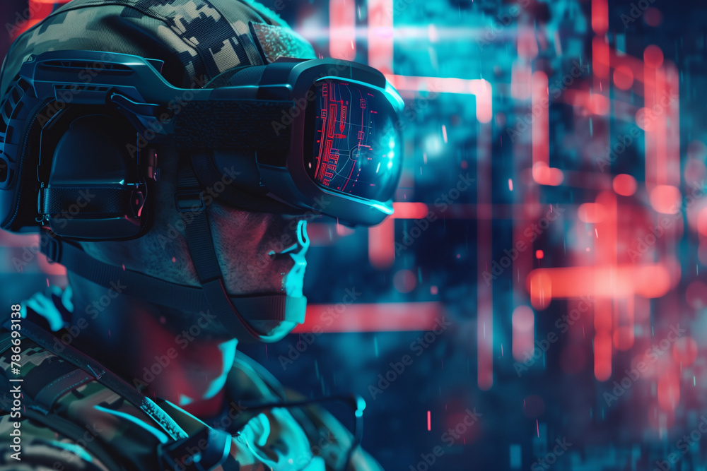 soldier equipped with virtual reality glasses, immersed in a virtual ...