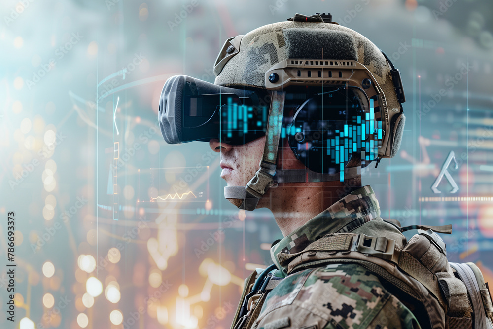 soldier equipped with virtual reality glasses, utilizing augmented reality overlays to analyze ...