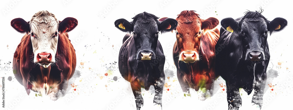 Three cows in a row, each with its own personality, watercolor painting ...