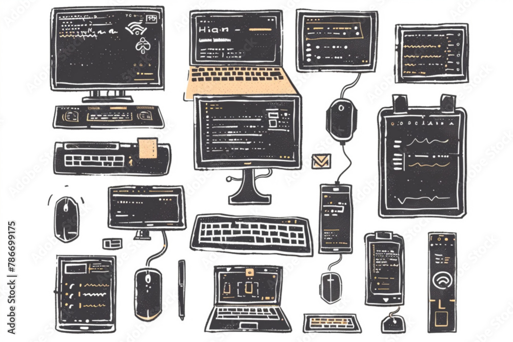 Software code icon doodle set. Hand drawn line sketch software coding doodle. Computer program ...