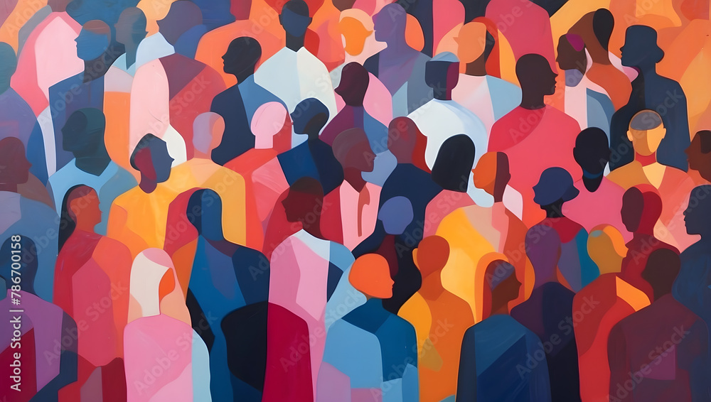 A painting of a diverse crowd of people. Diversity, equity, inclusion ...