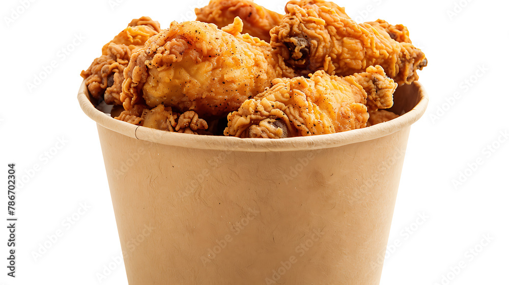 The golden-brown fried chicken pieces are stacked inside the bucket ...