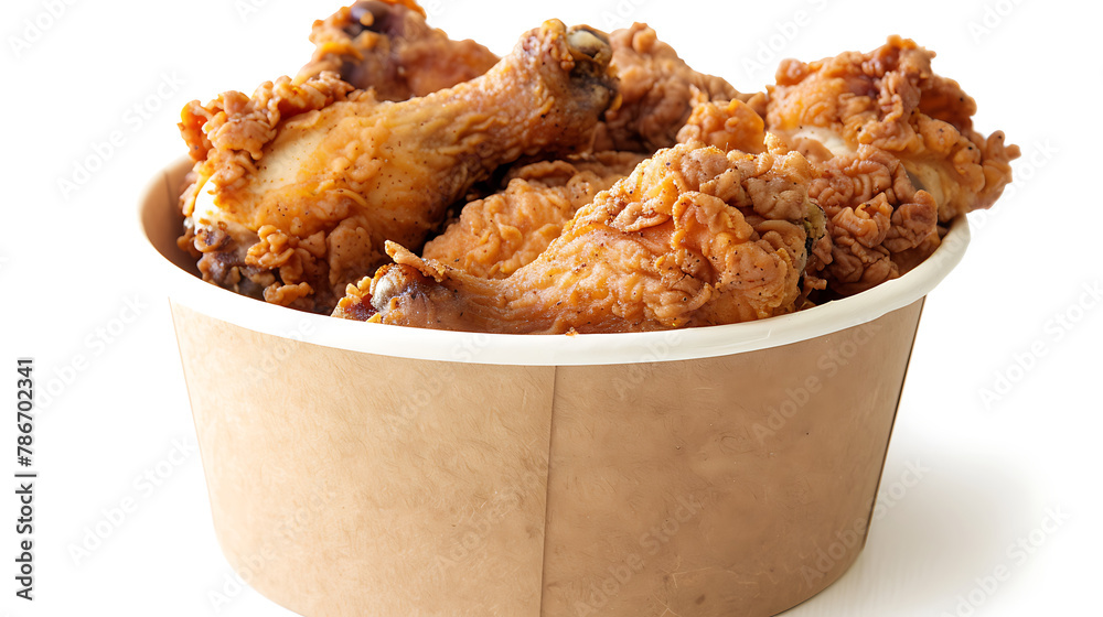 The golden-brown fried chicken pieces are stacked inside the bucket ...