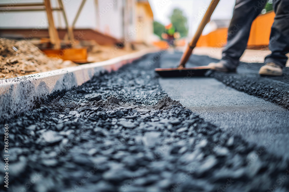 Construction site of road in residential area. Worker are laying new ...