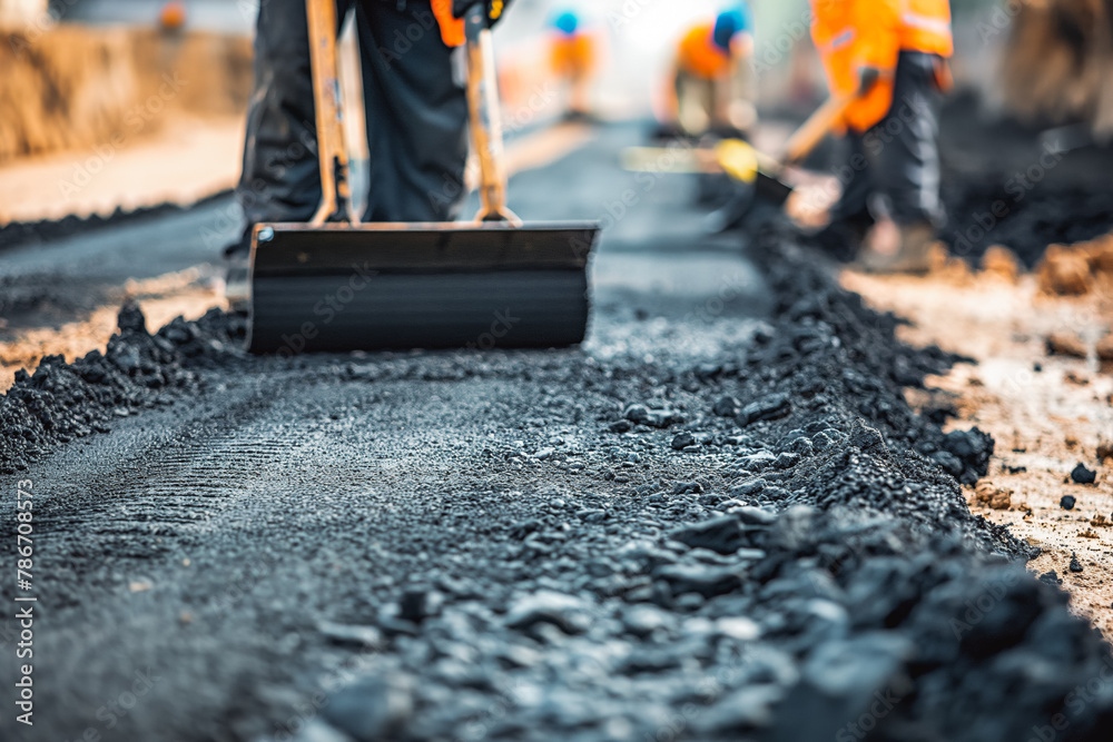 Construction site of road in residential area. Worker are laying new ...