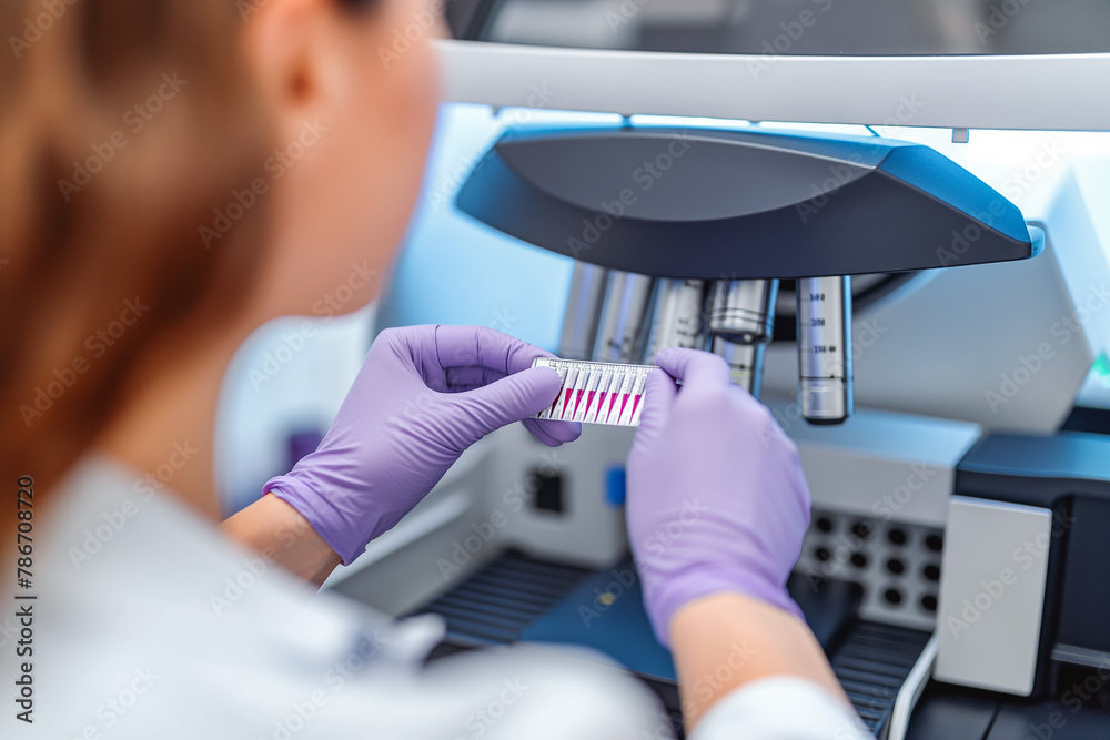 Female genetics worker placing the strips with DNA into the PCR thermal ...