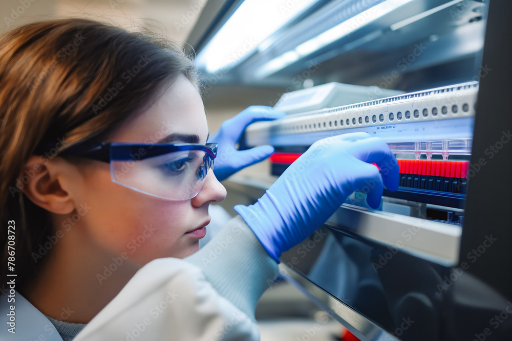 Female genetics worker placing the strips with DNA into the PCR thermal ...