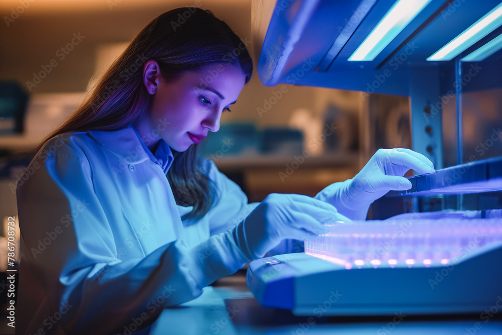 Female genetics worker placing the strips with DNA into the PCR thermal ...