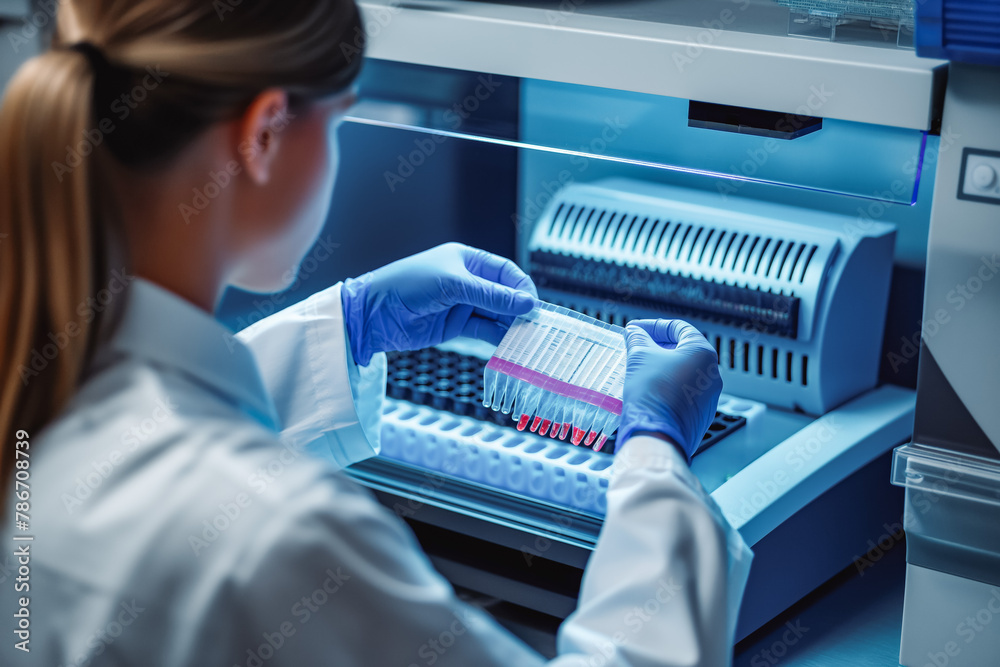 Female genetics worker placing the strips with DNA into the PCR thermal ...