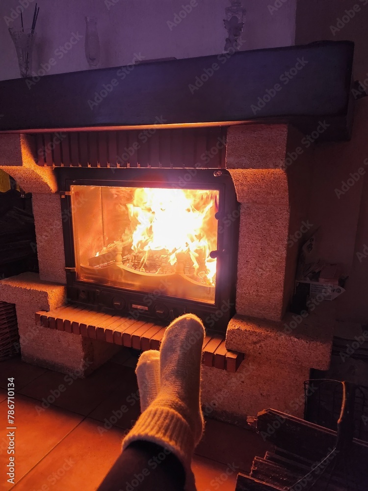 A Cozy Winter Evening by the Crackling Fireplace, Snug Toes in Soft ...