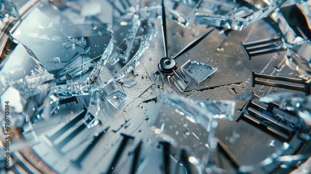 Tight close-up shot of a shattered clock face, unmoving hands depicting ...