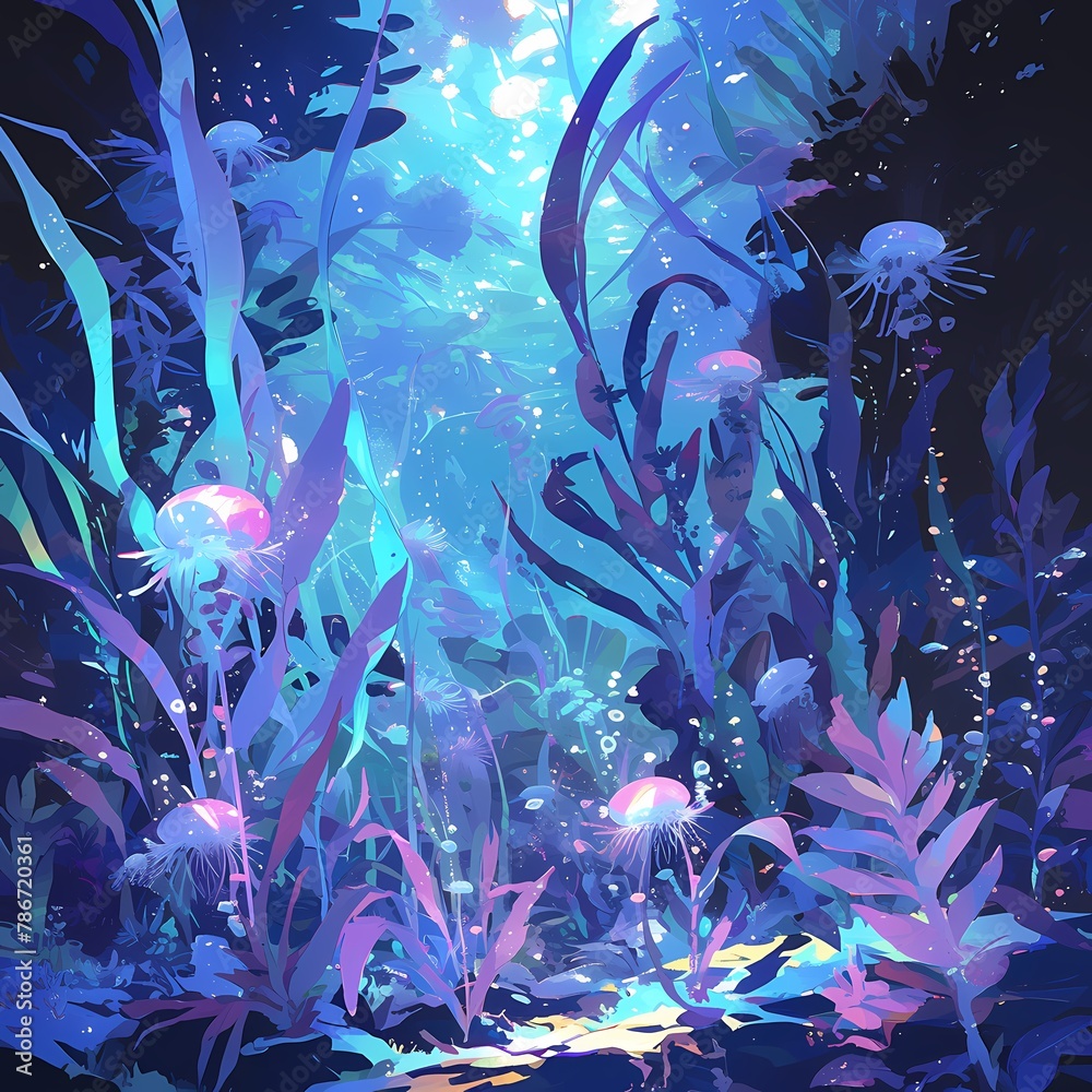 A surreal neon undersea world filled with glowing corals and shimmering ...