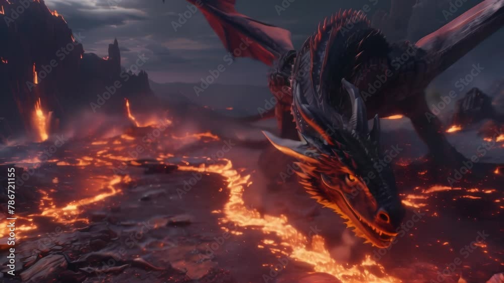 An immense dragon's head in extreme close-up, enshrouded by bright red ...