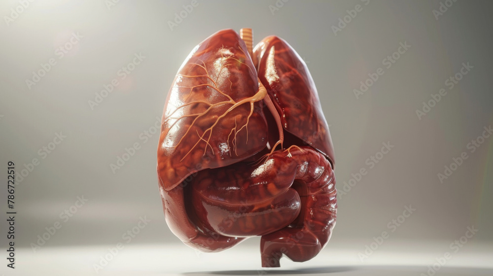 Highly detailed medical illustration of human internal organs, focusing ...