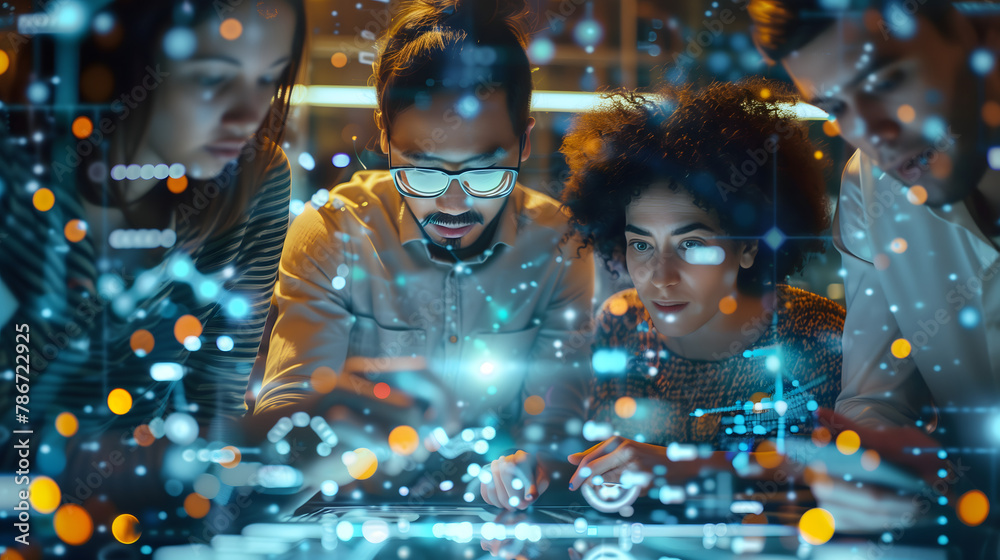 A group of diverse people working together on an AI project, surrounded ...