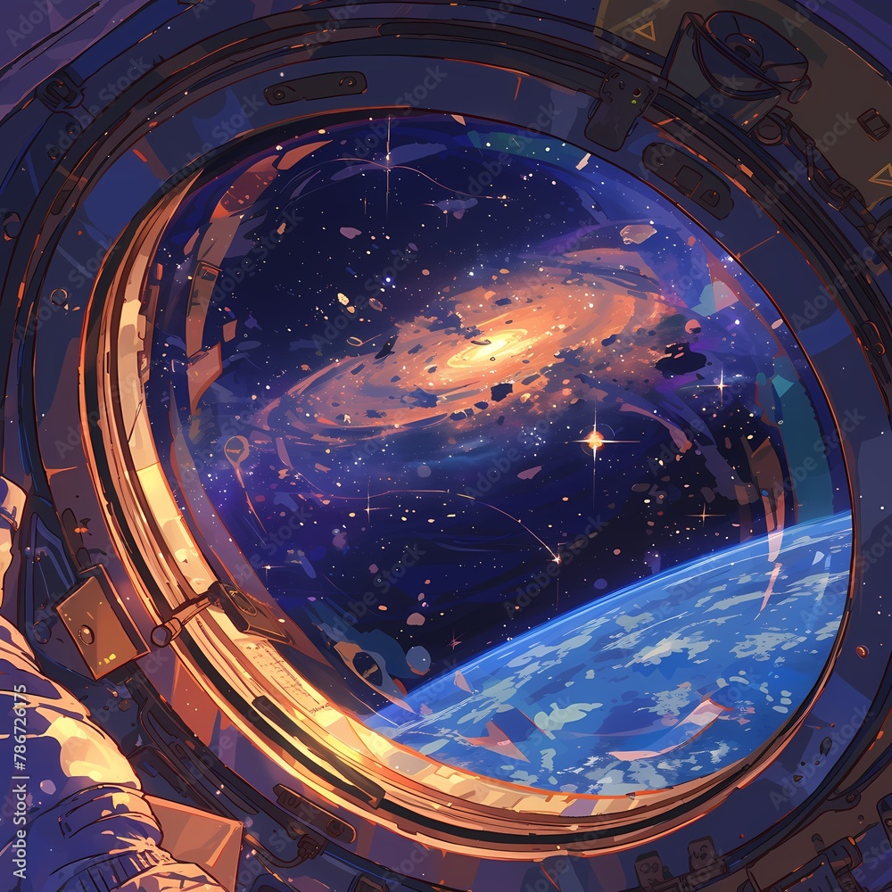 An astronaut gazing out at a breathtaking galaxy through the window of ...