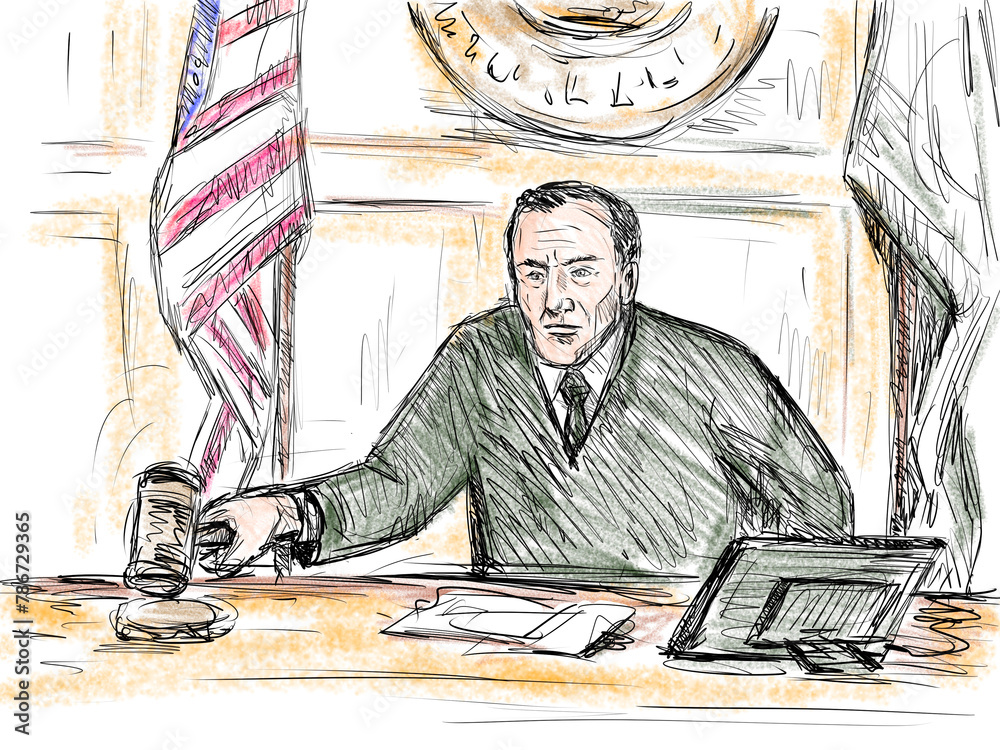 Pastel pencil pen and ink sketch illustration of a courtroom trial ...