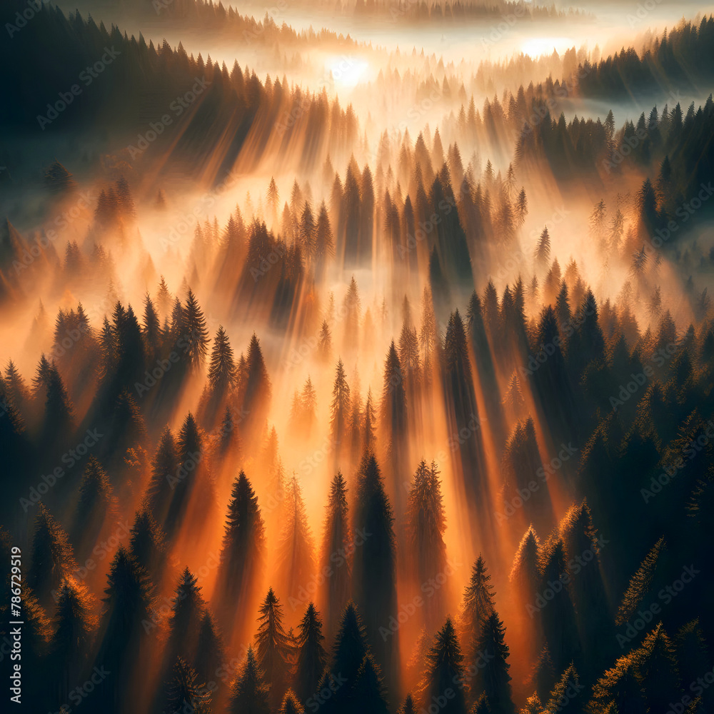 Aerial view of brightly lit morning sunlight shining beams of light ...