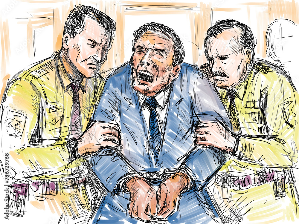 Pastel pencil pen and ink sketch illustration of an agitated defendant ...