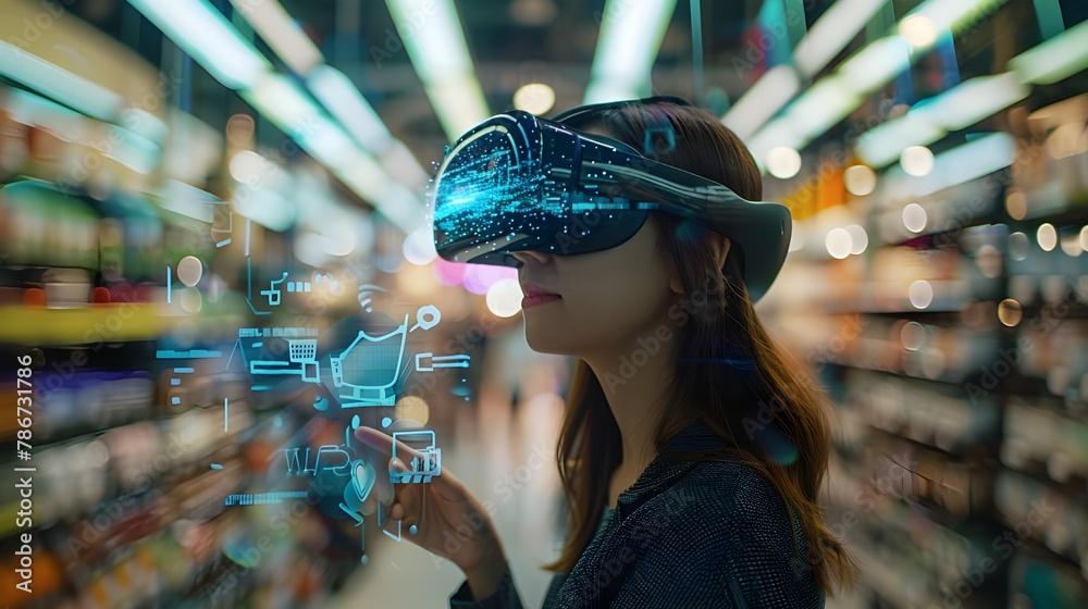 Woman shopping with futuristic VR headset AR smart glasses, holographic ...