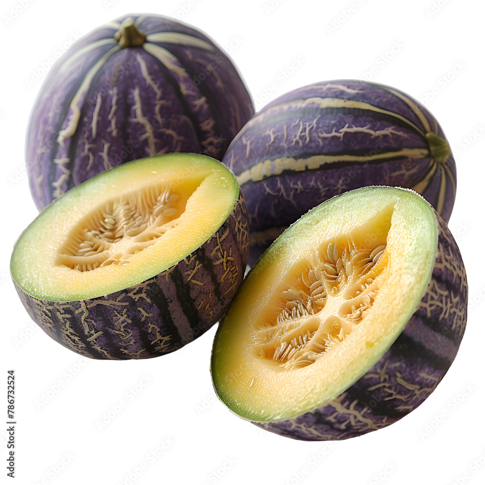 An HD image of a fresh pepino melon, its light yellow skin with purple ...