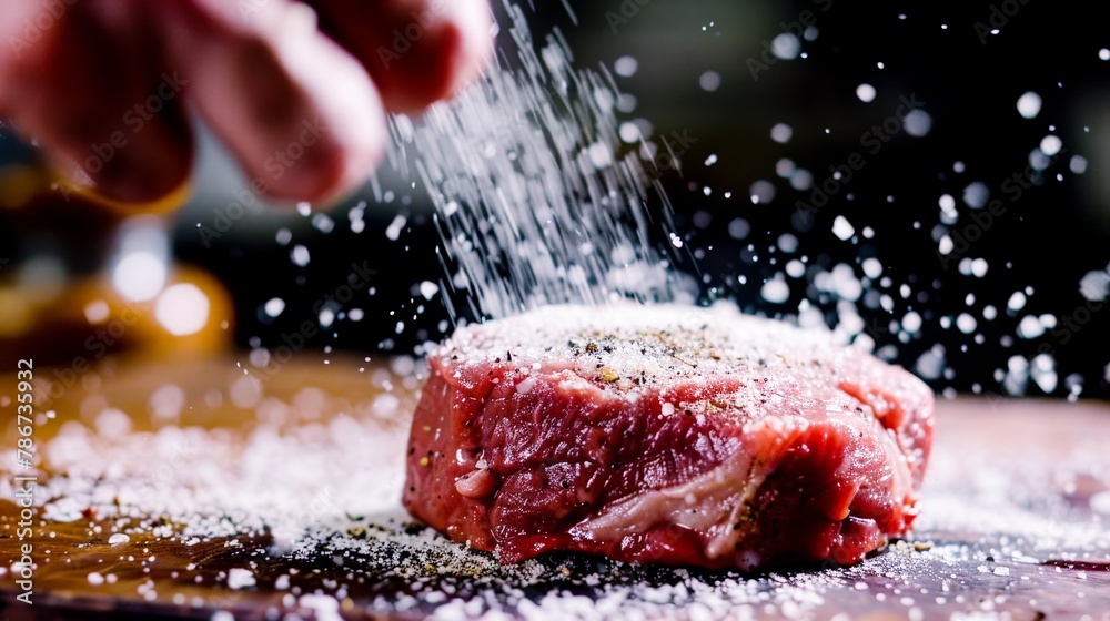 The dramatic moment of seasoning a perfect cut of meat, with flecks of ...