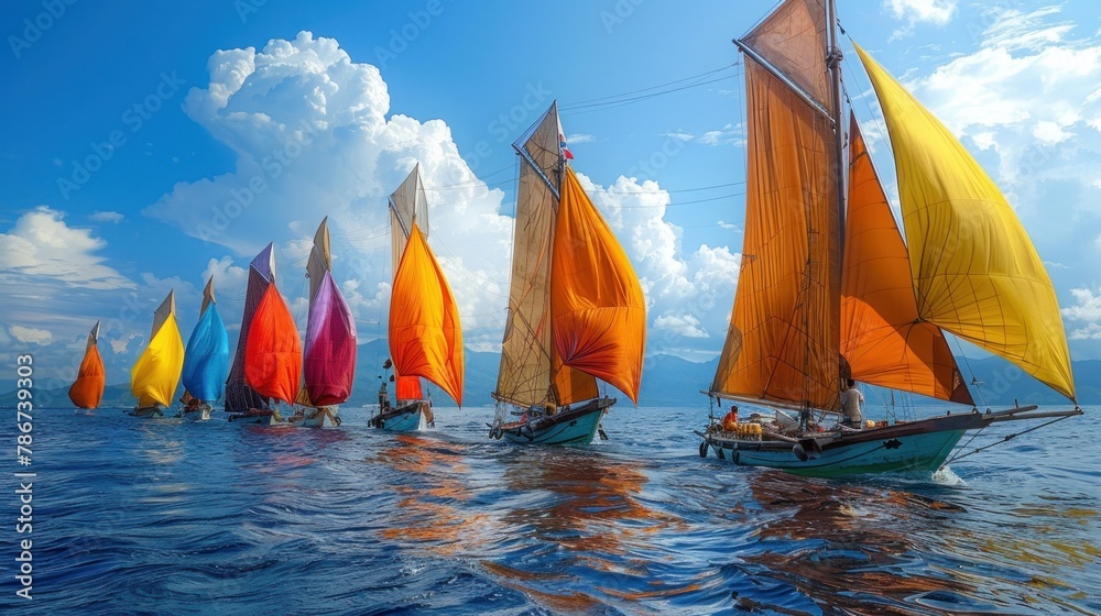 A traditional Filipino boat race, with colorful sails billowing in the ...